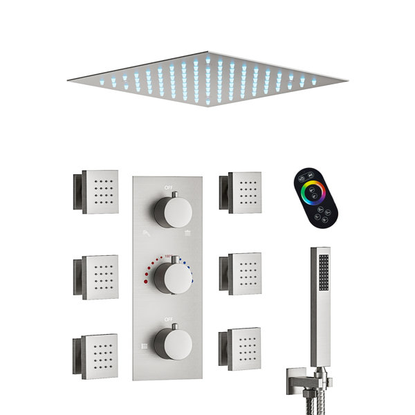 CRANACH SWAINS Thermostatic Shower System with 6 Body Jets, 12-Inch LED Chromotherapy Single ...